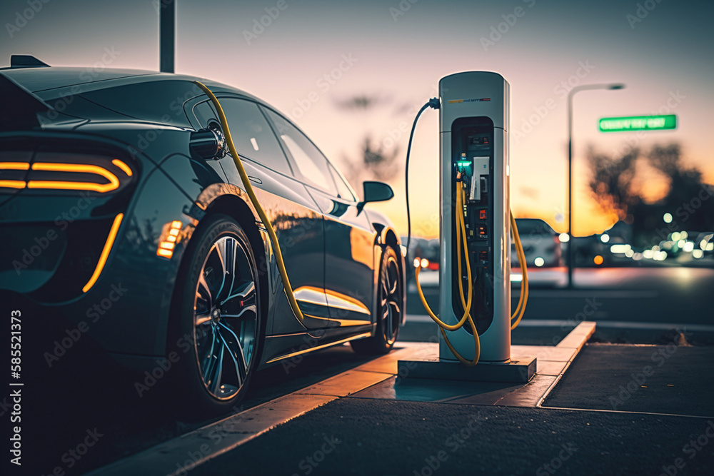 Alternative energy vehicle refueling at a gas station. Eco-friendly car ...