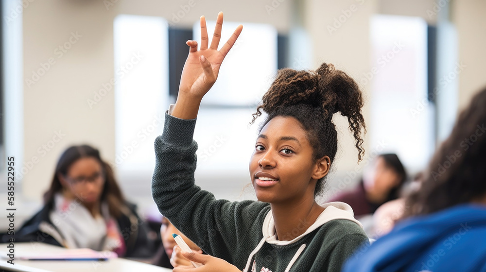 Diverse High School Classroom: Black Female Student With Her Hand Up in ...