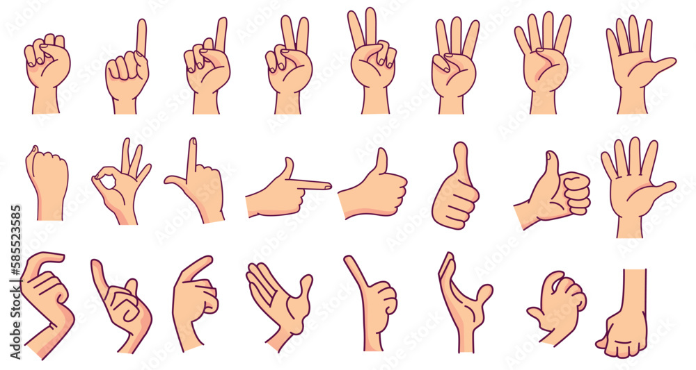 Cartoon white human hand . Hands show signs. Different hand positions ...