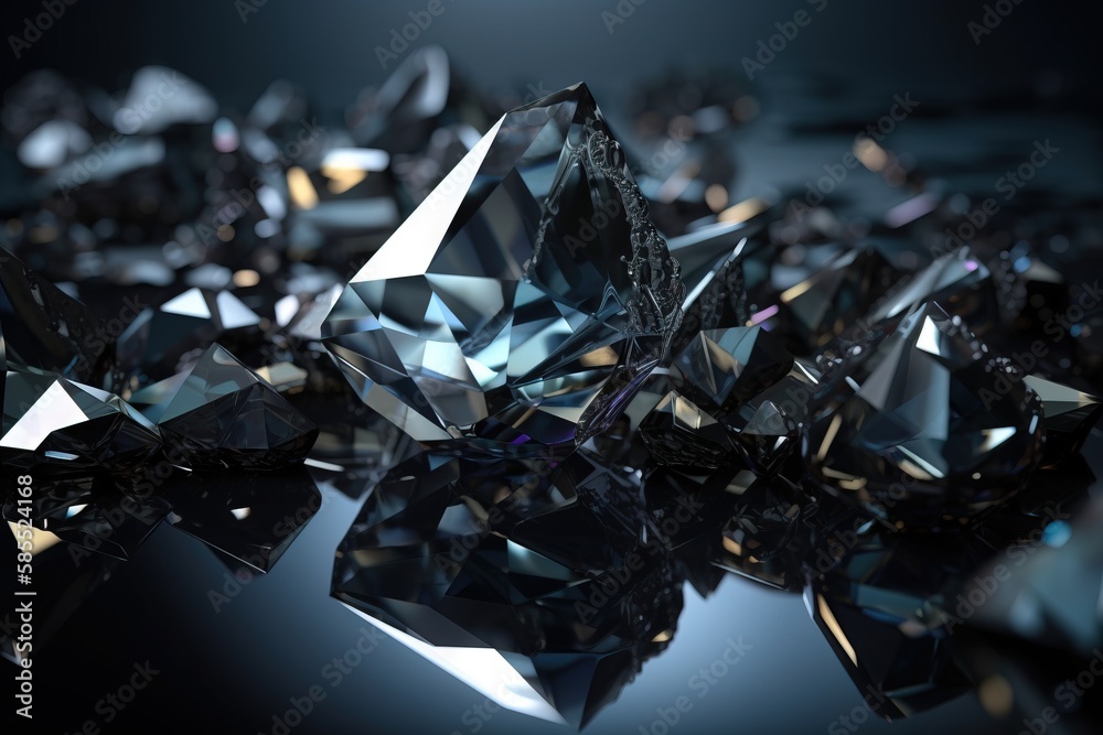 a group of shiny diamonds on a reflective surface with a reflection of ...