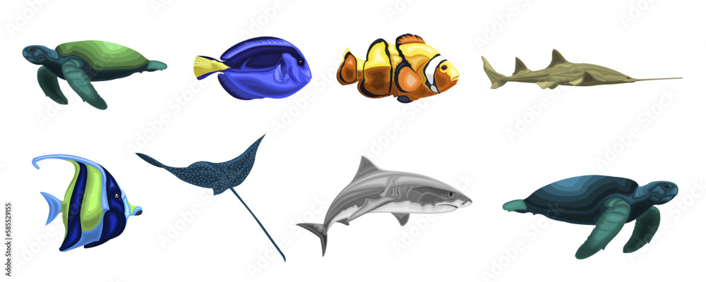 Set of colorful underwater animals: goldfish, shark, ramp fish and ...