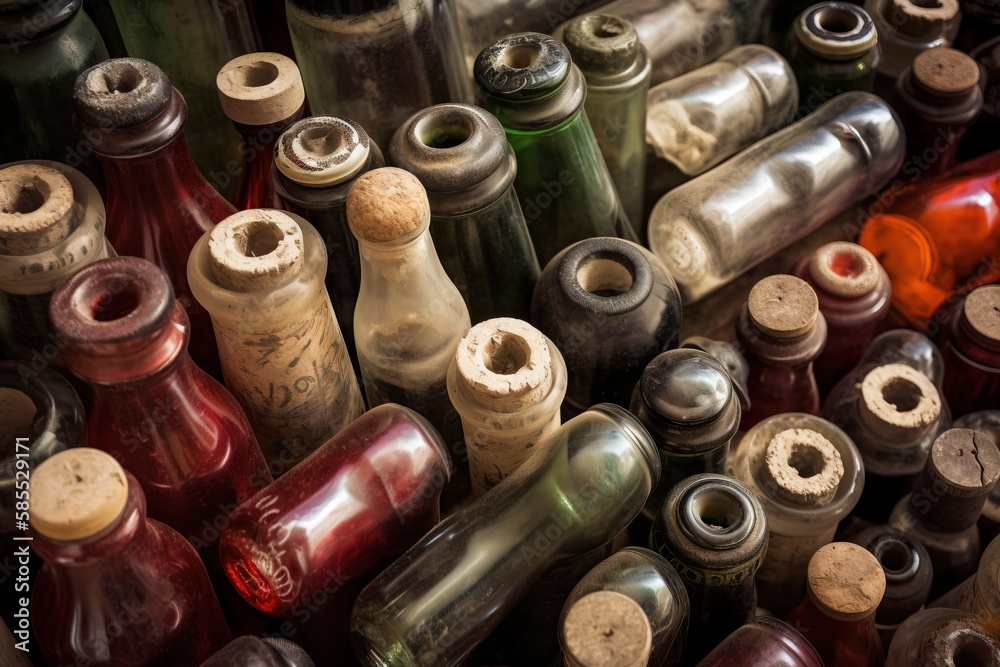 a bunch of bottles that are all different colors and sizes of bottles ...