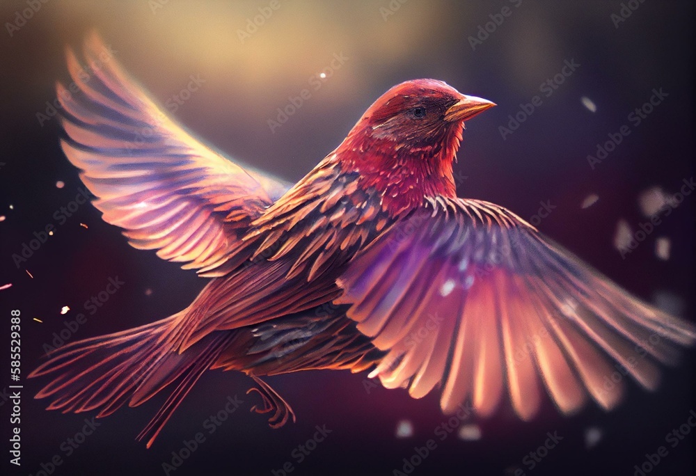 Illustrative drawing of a Common Rosefinch bird flying with open wings ...