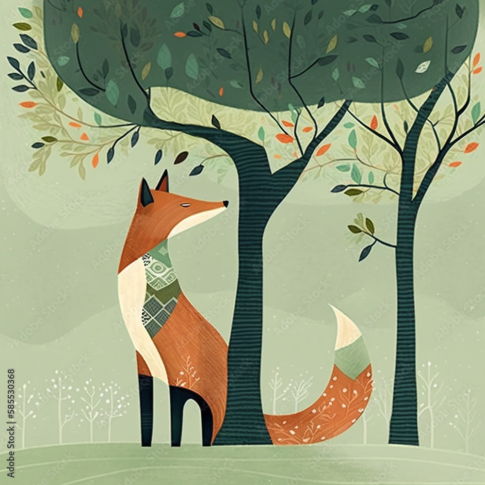Storybook / Folk Art Style Red Fox in a Forest Clearing with Autumn ...
