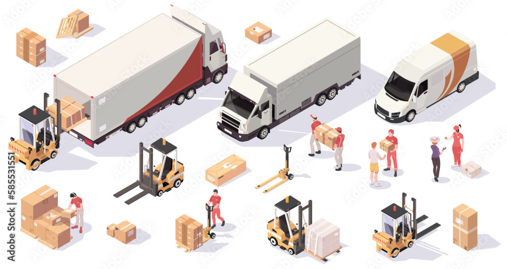 Logistics and delivery isometric icons set with warehouse workers ...