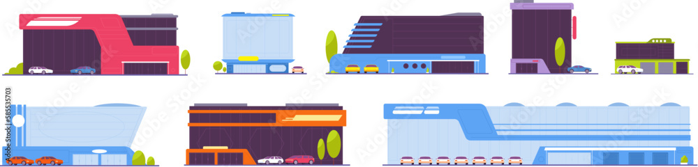 Car center building. Automotive showroom, auto dealer buildings ...