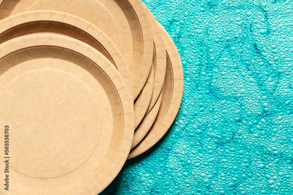 disposable and sustainable paper plates with planet on aquamarine blue ...