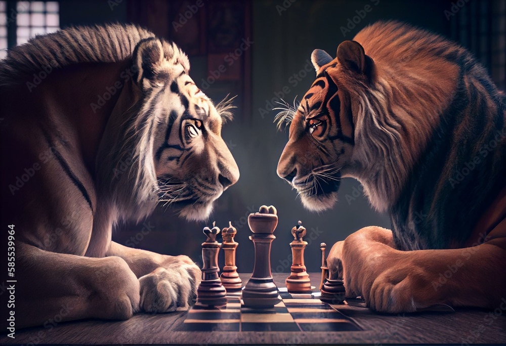 Lion and tiger in suit playing chess ultrarealistic, very detailed ...