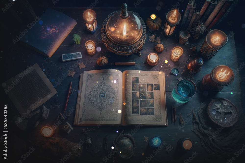 Old Book With Magic Spells, Candles And Pentagram On Witch Table. AI ...