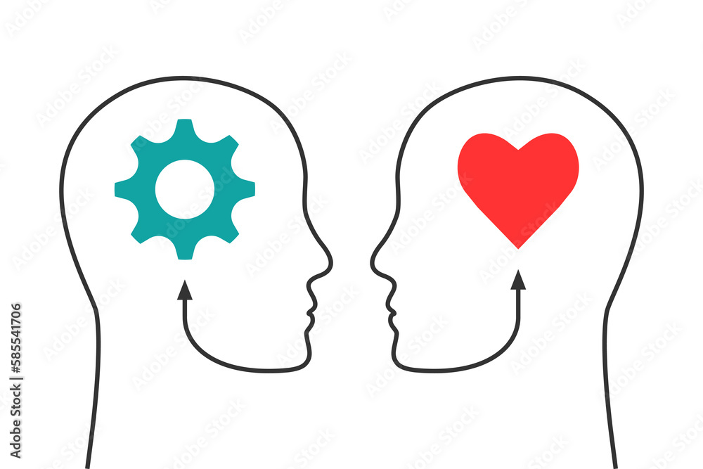 IQ and EQ, emotional and intelligence quotient concept. Head silhouette ...