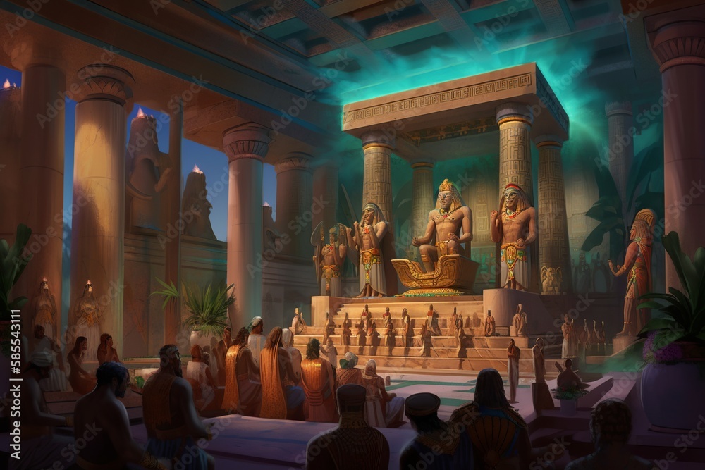Vibrant Phoenician temple illustration: ornate architecture, statues of ...