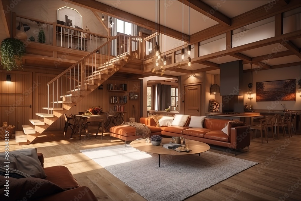 Cozy warm home interior of a chic country house with an open plan, wood ...