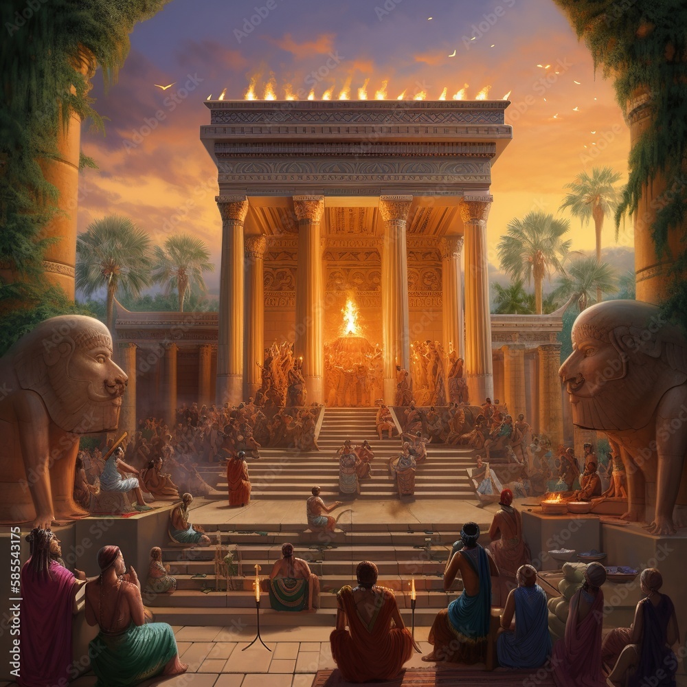 Vibrant Phoenician temple illustration: ornate architecture, statues of ...