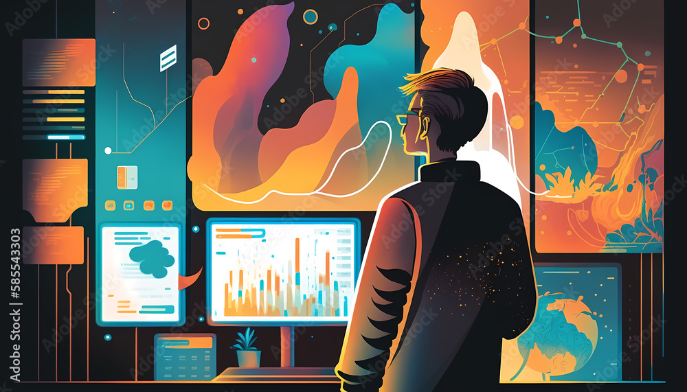 graphical illustration of a man with glasses standing infront of ...