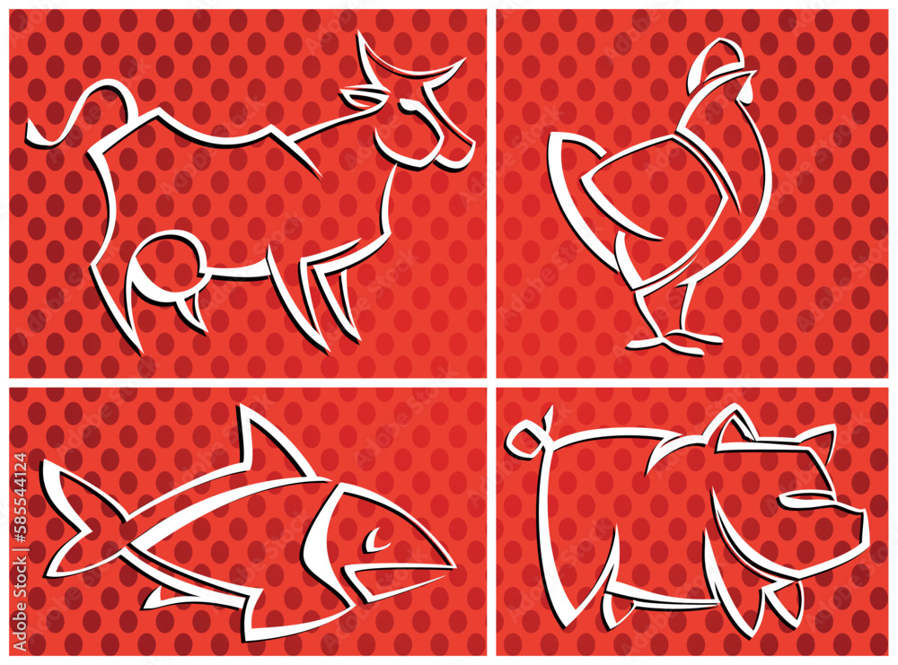 Set of pictures edible cattle as cow, chicken, pork and fish Stock ...