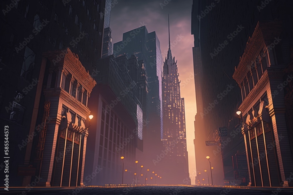 Cinematic Summer Dusk: A Realistic cityscape with towering skyscrapers ...