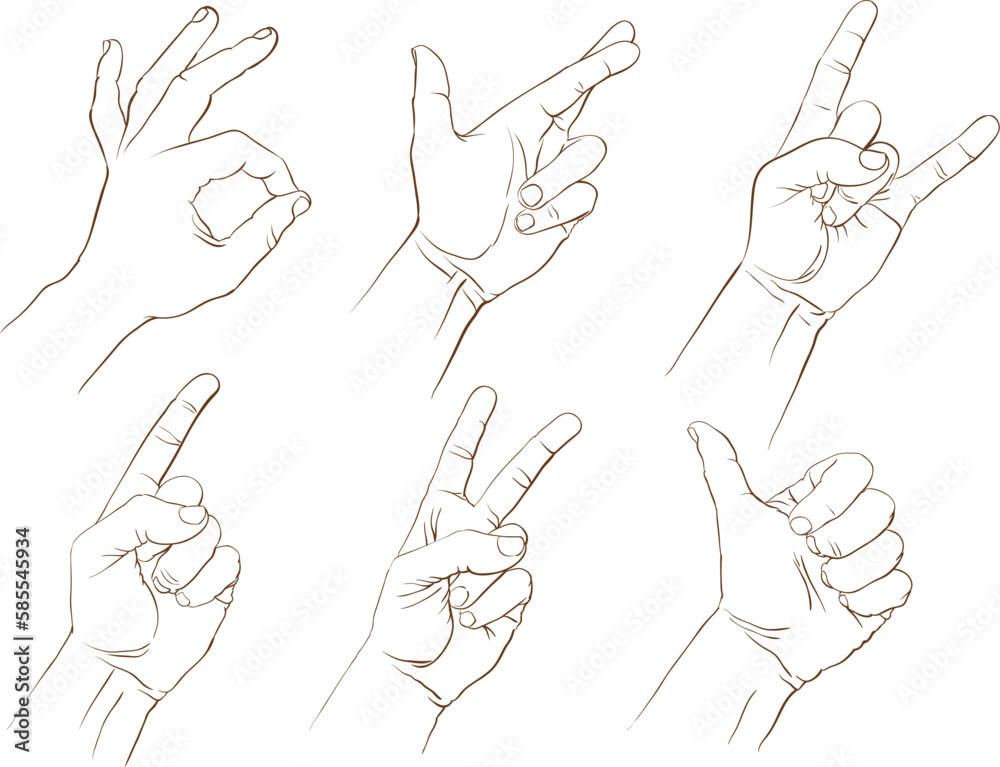 Set of pictures - hand gestures, sign language. Pencil drawing เวกเตอร์ ...