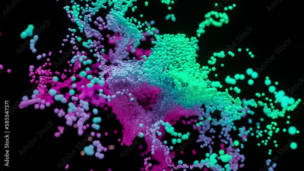 Art creative animation of dynamic multicolored moving particles on a ...
