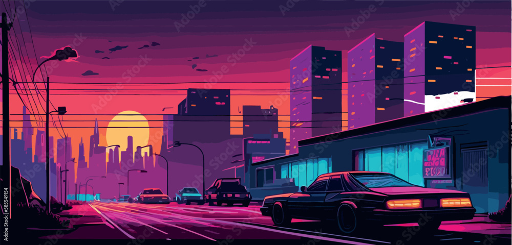 80s, synthwave city landscape, retro, car, vector, skyline, night ...