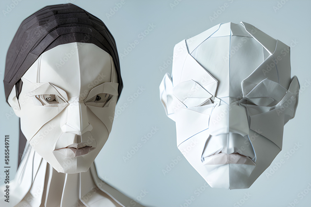 Origami human head faces. Virtual concept. Total control, limitations ...