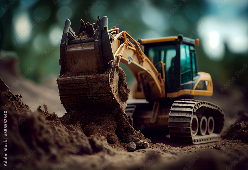 Selective focus on metal bucket teeth of backhoe digging soil. Backhoe ...