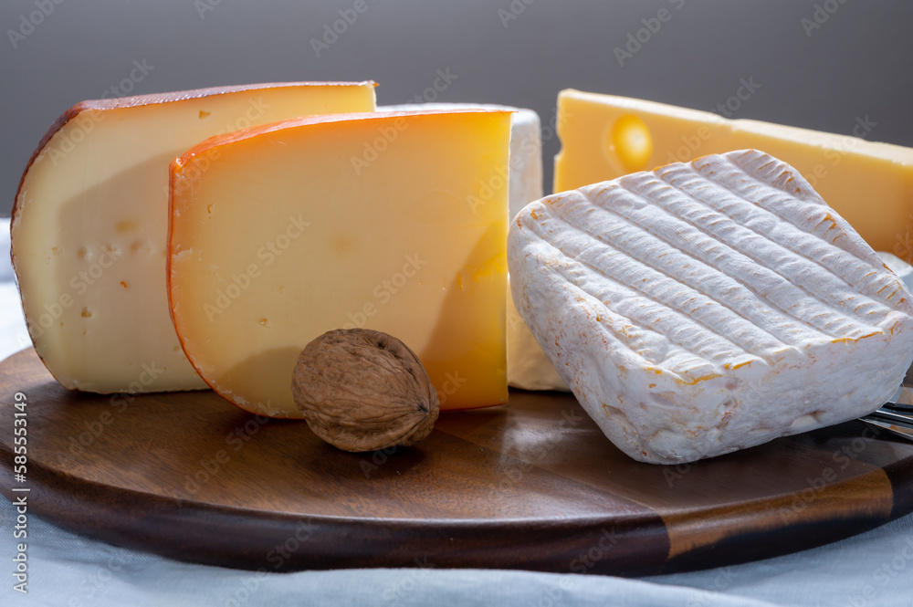 Collection of Belgian cheeses, soft yellow cow milk cheese with white ...