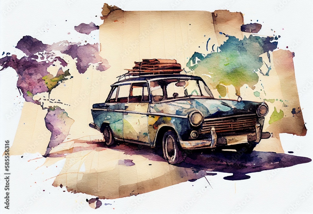 A road trip with a map and car, watercolor style, Generative AI Stock ...