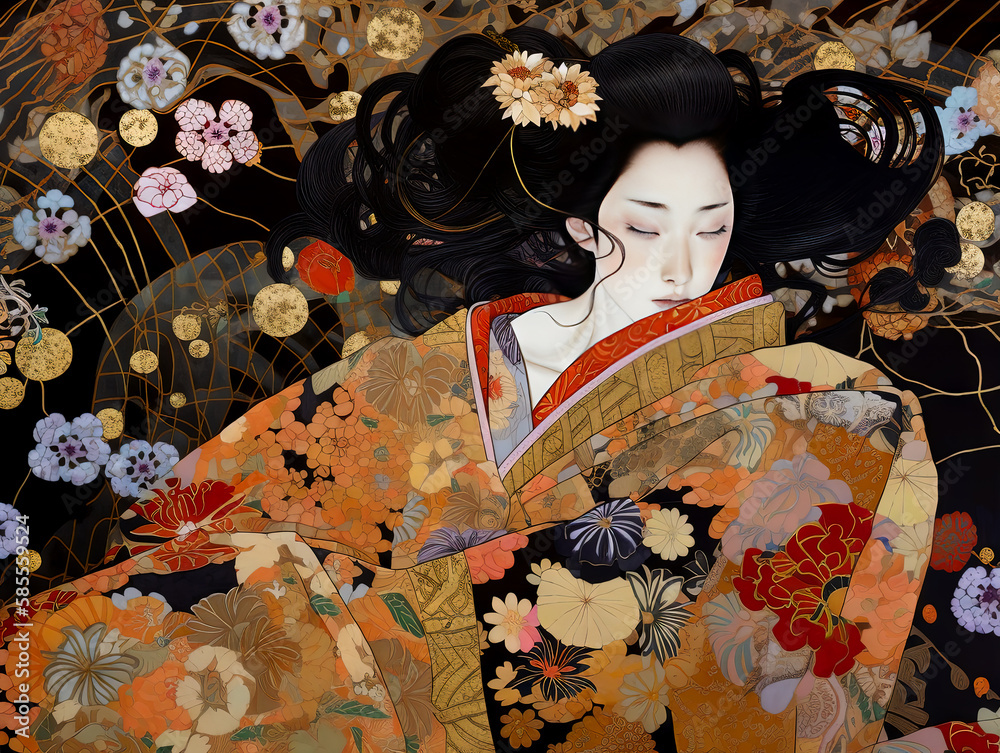 Fototapeta A beautiful Japanese woman in a gold kimono with flower ...