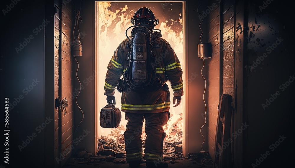 full body firefighter man wearing full uniform heading to fire ...