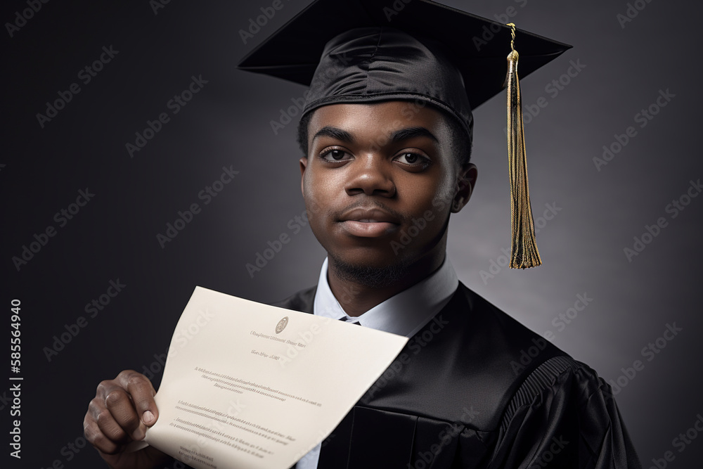 Proud and happy graduate in graduation cap and gown holdong a diploma ...