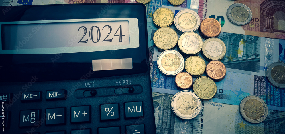 New Year 2024. Calculator with the number 2024 on the screen against ...