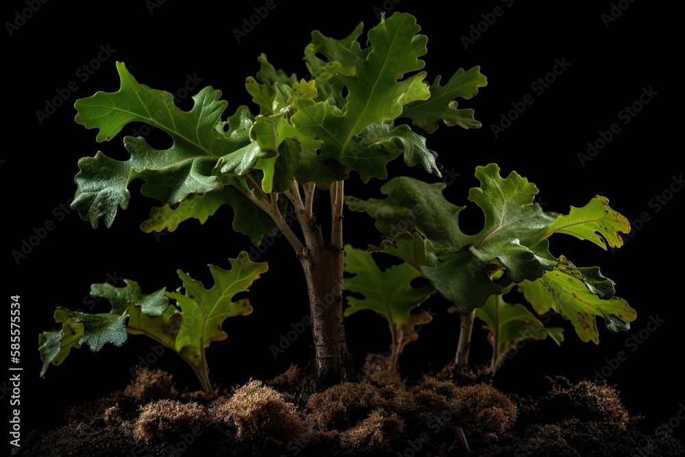 Oak tree planted in the soil substrate. Seedlings or plants illuminated ...