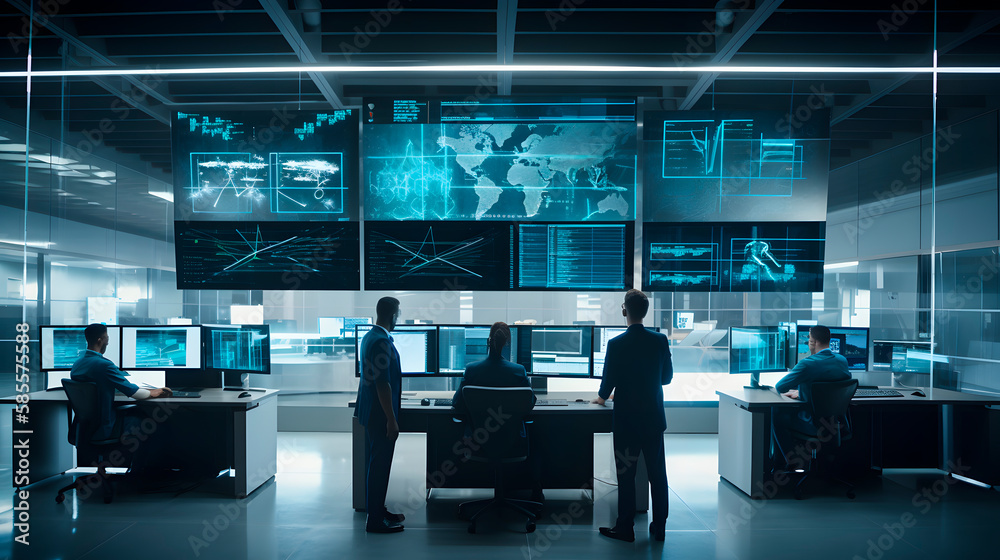 A futuristic cybersecurity workspace featuring advanced encryption ...
