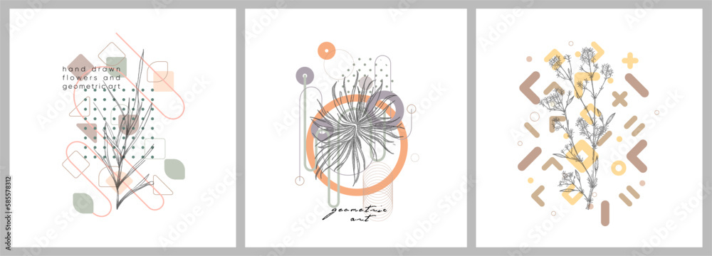 Foliage line art drawing with geometric shape. Hand drawn flowers and ...