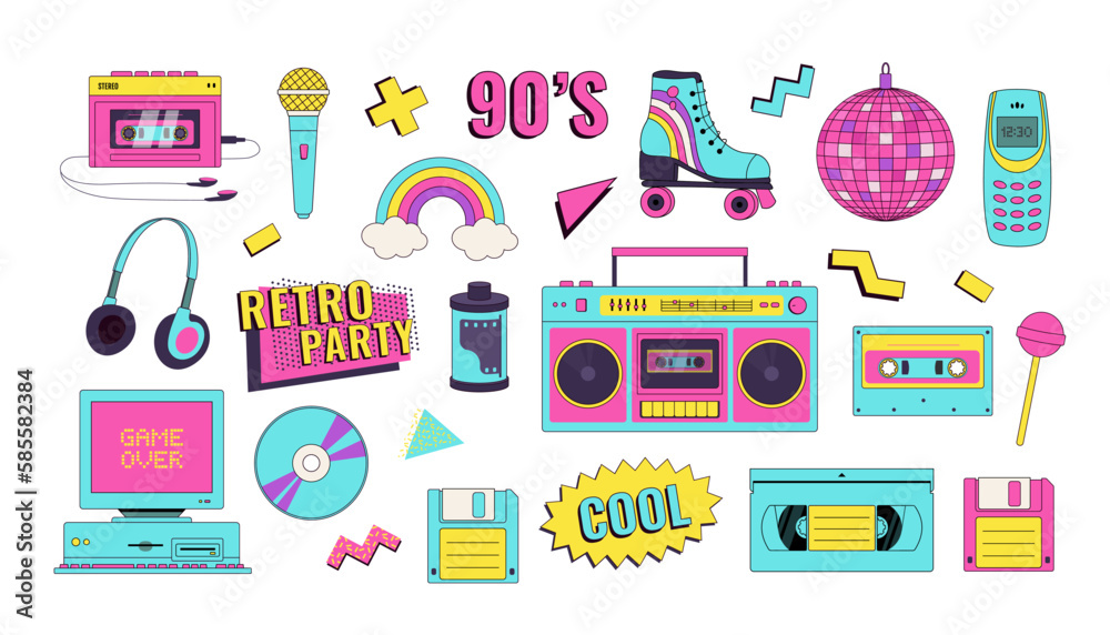 Set of 90s 00s retro devices in modern memphis style. Vintage audio ...