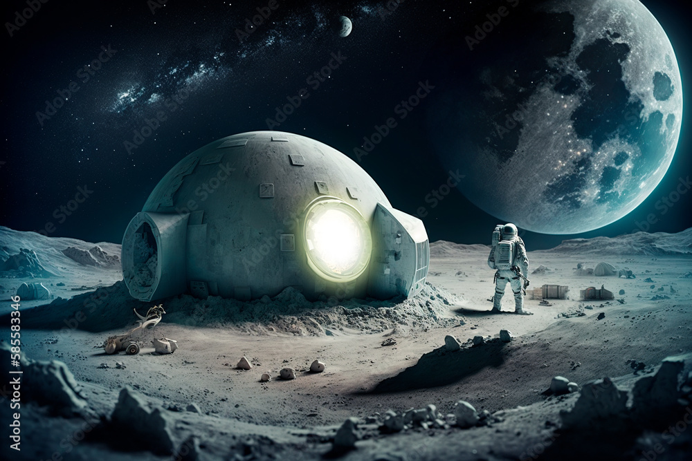 an astronaut at the outside of a moon station research space station ...