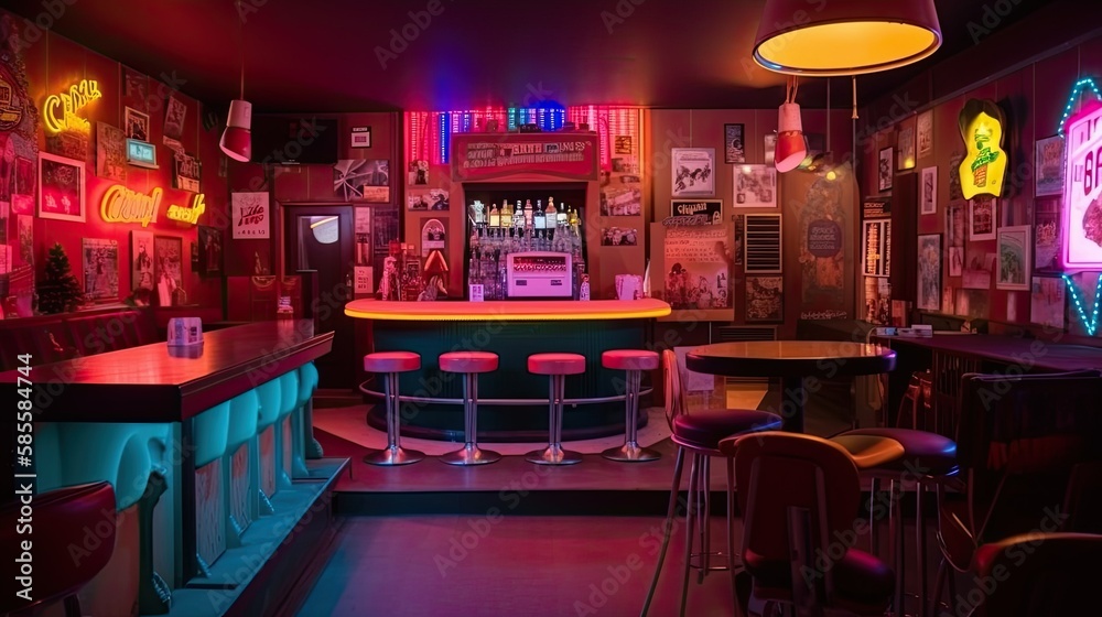 a retro-themed bar with neon lights and vintage decor, the sound of ...