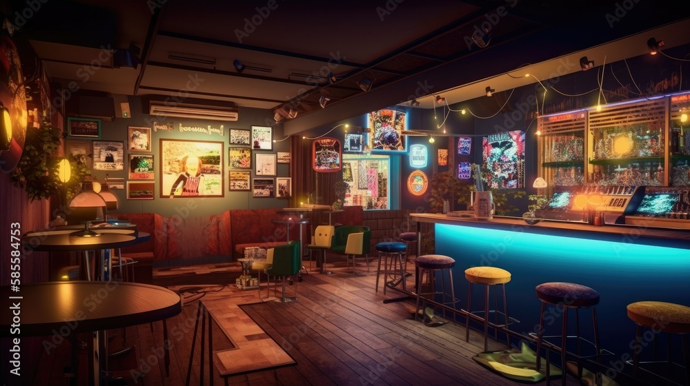 a retro-themed bar with neon lights and vintage decor, the sound of ...
