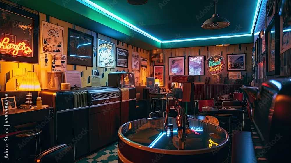 a retro-themed bar with neon lights and vintage decor, the sound of ...
