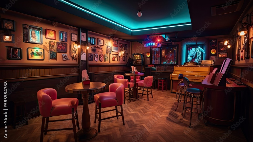 a retro-themed bar with neon lights and vintage decor, the sound of ...