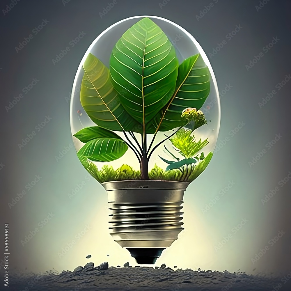 Eco light bulb with fresh leaves inside, on the ground, front view ...