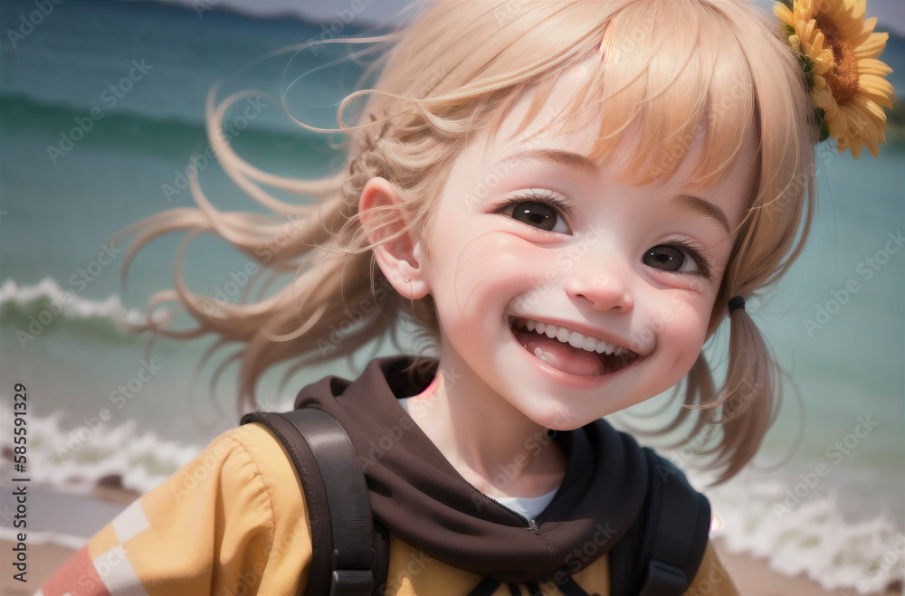 Little positive girl on background of ocean, sea. Portrait of happy kid ...