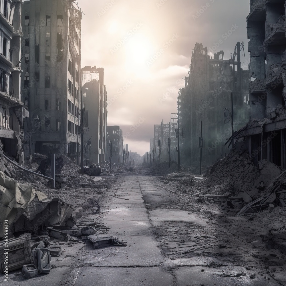 Post-apocalyptic ruined deserted city. Destroyed buildings, destroyed ...