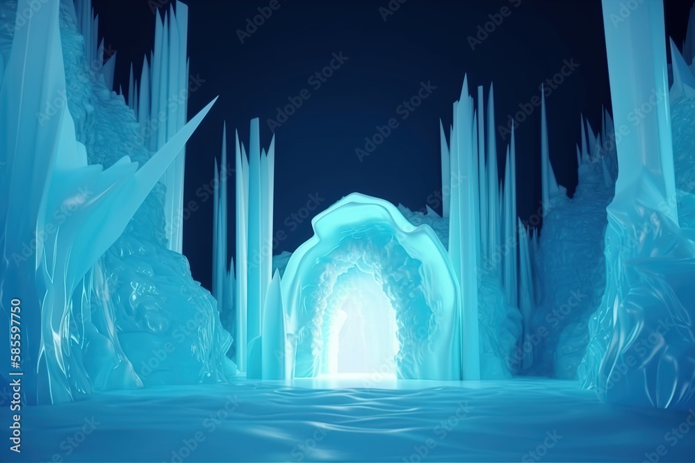 Blue ice cave covered with snow and flooded with light made with ...