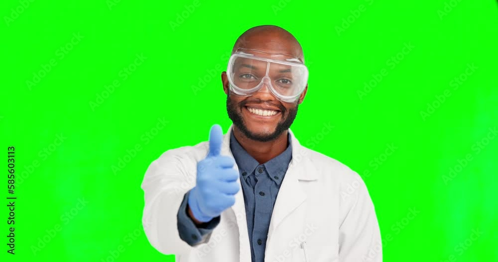 Scientist thumbs up, science and happy black man satisfaction on ...