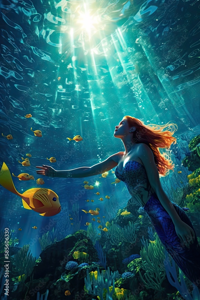 Beautiful under the sea swimming mermaid. Ocean sun rays shining on ...