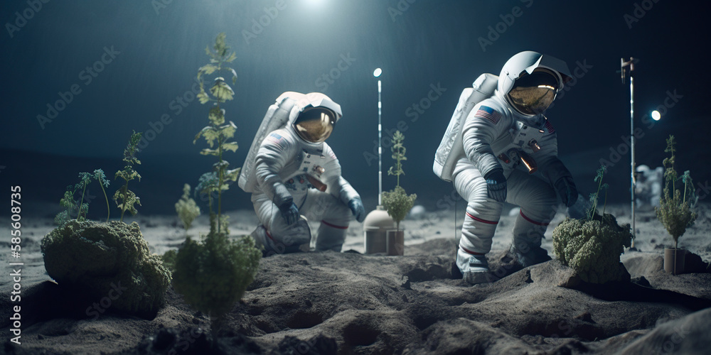 astronauts planting threes and plants on the moon, futuristic ...