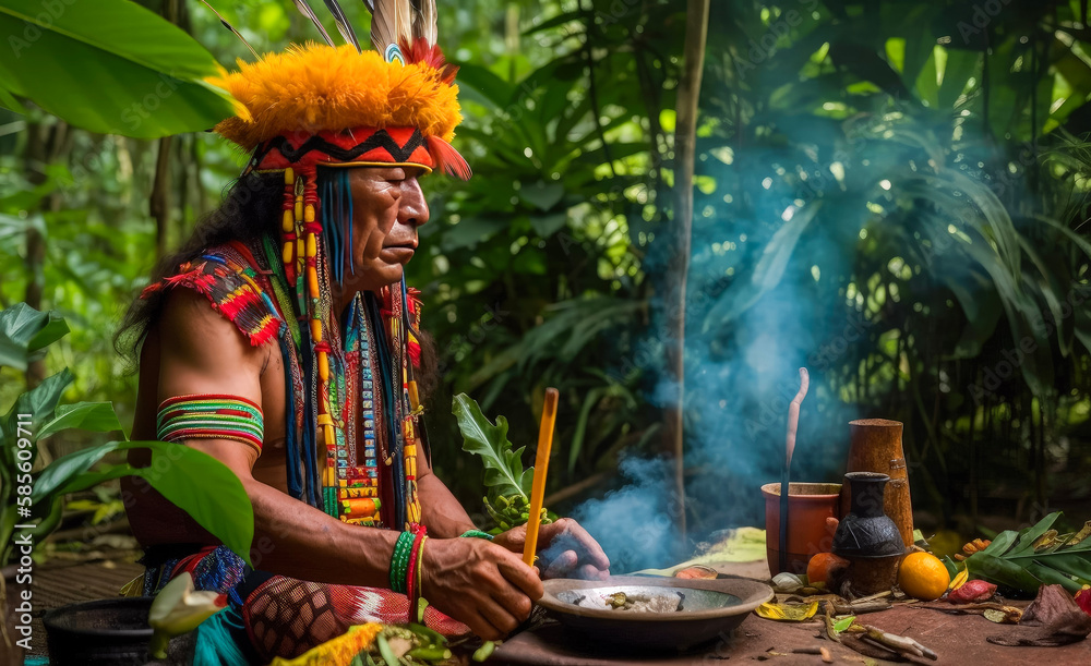A Shaman traditional healer preparing for a ceremony in the Amazon ...