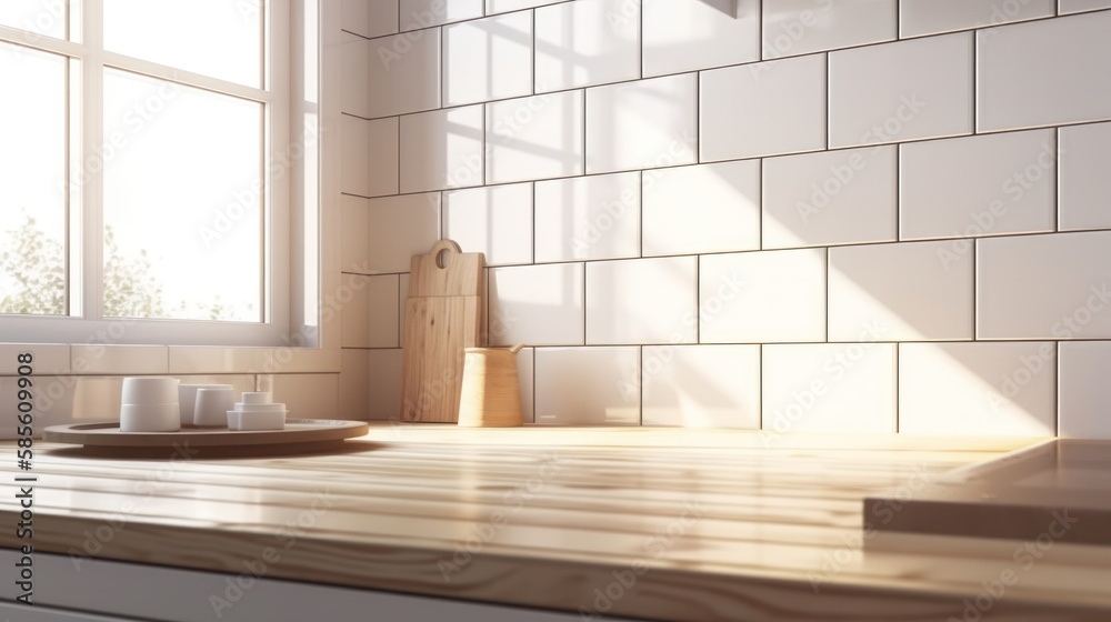 Blank empty space wooden kitchen counter top with morning sunlight and ...