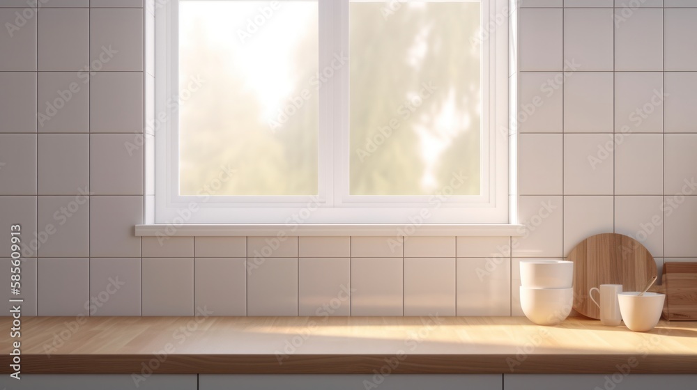 Blank empty space wooden kitchen counter top with morning sunlight and ...